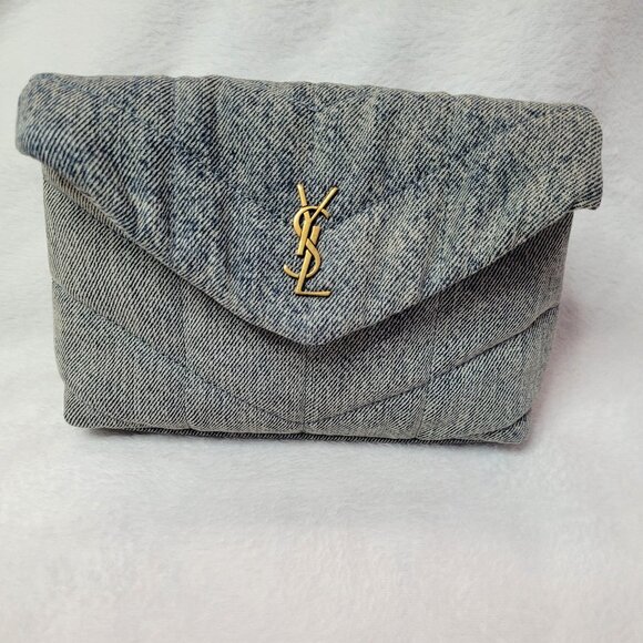 Bags | Ysl Chevron Quilted Twill Envelope Clutch Washed Denim Puffer ...
